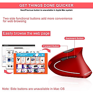 Vassink Ergonomic Rechargeable Wireless Mouse, 2.4Hz Rechargeable Wireless Vertical Optical Mice with USB Receiver, 6 Buttons, 800/1200/1600 DPI RED