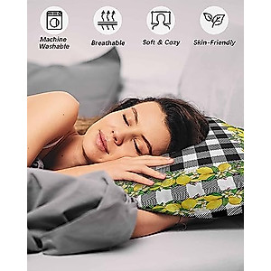 Edwiinsa Summer Lemon Pillow Covers Standard Size Set of 2 20x26 Bed Pillow, Yellow Fruit Spring Floral Black Plaid Plush Soft Comfort for Hair/Skin Cooling Pillowcases with Envelop Closure