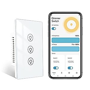 MoesGo 3 Gang Smart Dimmer Switch, Independently Control 3 Lights, Single Pole, Neutral Wire Needed, Smart Light Switch for Dimmable LED/CFL/INC Bulbs, Work with Alexa/Google Home, White
