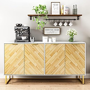 4 EVER WINNER Sideboard Buffet Cabinet, 55" Modern Credenzas Storage Cabinet with 4 Doors, Wood Buffet Storage Cabinet with Adjustable Shelves for Living Room Hallway, White and Gold