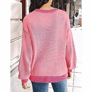 ZESICA Women's Casual Long Sleeve Crew Neck Pullover 2025 Spring Ribbed Knit Loose Contrast Color Sweater Tops,HotPink,Medium