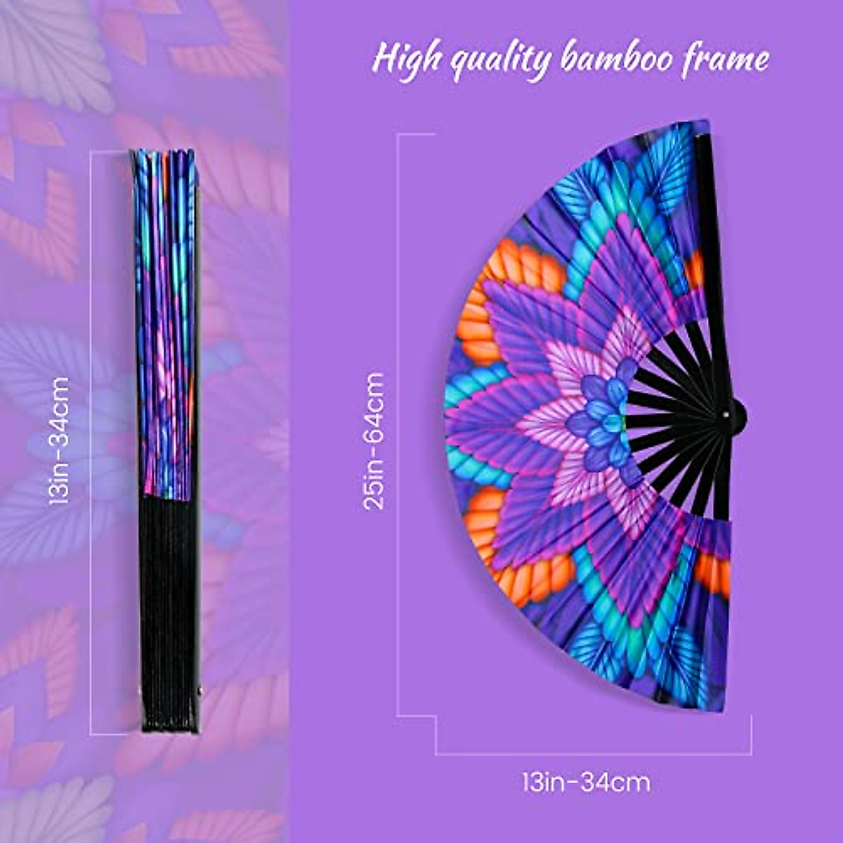 SYNTECSO Folding Hand Fan for Rave, UV Glow Fan, Large Bamboo Fan for Drag Queene, Women and Men Gift，Chinese Japanese Clack Fan for Parties, Music Festivals, EDM and Decoration