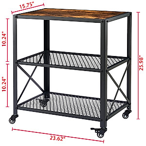 Tajsoon Serving Cart, 3-Tier Rolling Bar Cart on Wheels with Mesh Storage Shelves, Coffee Cart with Wheels, Kitchen Cart with Steel Frame, Rolling Serving Cart for Home, Living Room, Rustic Brown