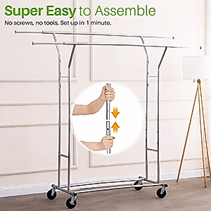 HOKEEPER 400 lbs Load Capacity Commercial Grade Clothing Garment Racks Heavy Duty Double Rails Adjustable Collapsible Rolling Clothes Rack on Wheels, Chrome Finish