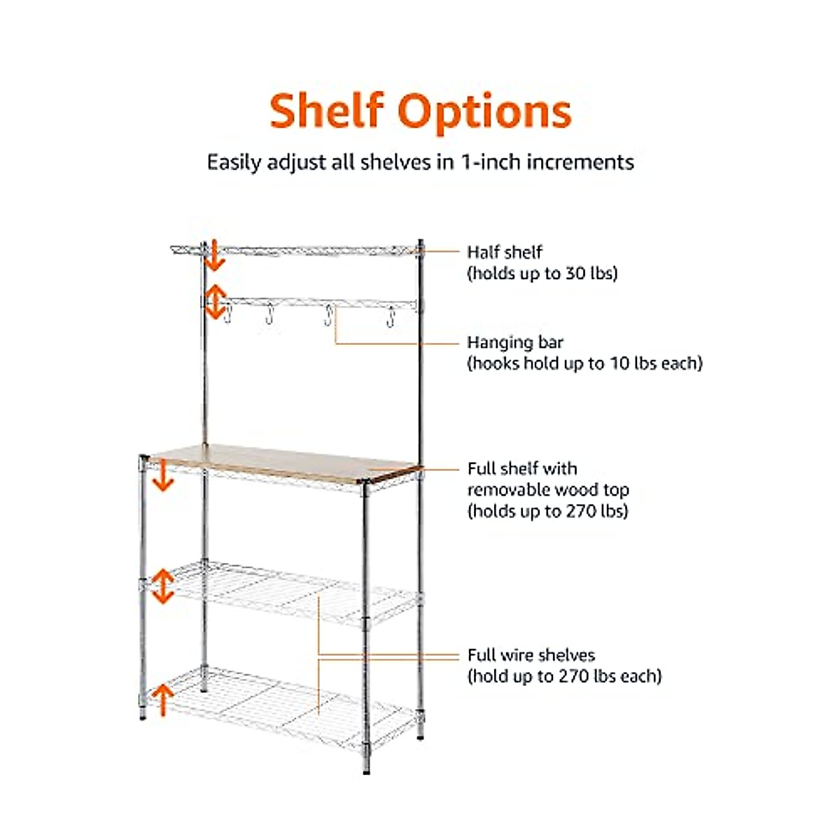 Amazon Basics 3 Tier Kitchen Storage Baker's Rack With Removeable Top, Wood/Chrome, 14" D x 36" W x 63.4" H