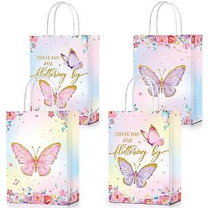 24 Pcs Butterfly Party Favors Gift Bags Goodie Treat Candy Bags Thank You for Fluttering by Paper Bags with Handles for Girls Butterfly Birthday Party Supplies Baby Shower (Watercolor Style)