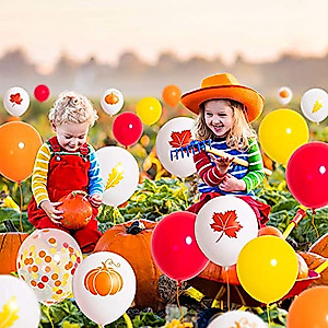 Whaline 80Pcs Fall Balloon Set Autumn Leave Maple Leave Pumpkin Pattern Balloons Red Orange Yellow Confetti Balloon with Yellow Orange Ribbon for Fall Autumn Party Thanksgiving Birthday Wedding Decor