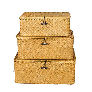 AOMYGOD 3 Pcs Wicker Shelf Storage Baskets with Lid Handwoven Seagrass Rectangular Box with Cover Household Woven Rattan Organizer Bins Shelf Wardrobe Organizer (Beige)