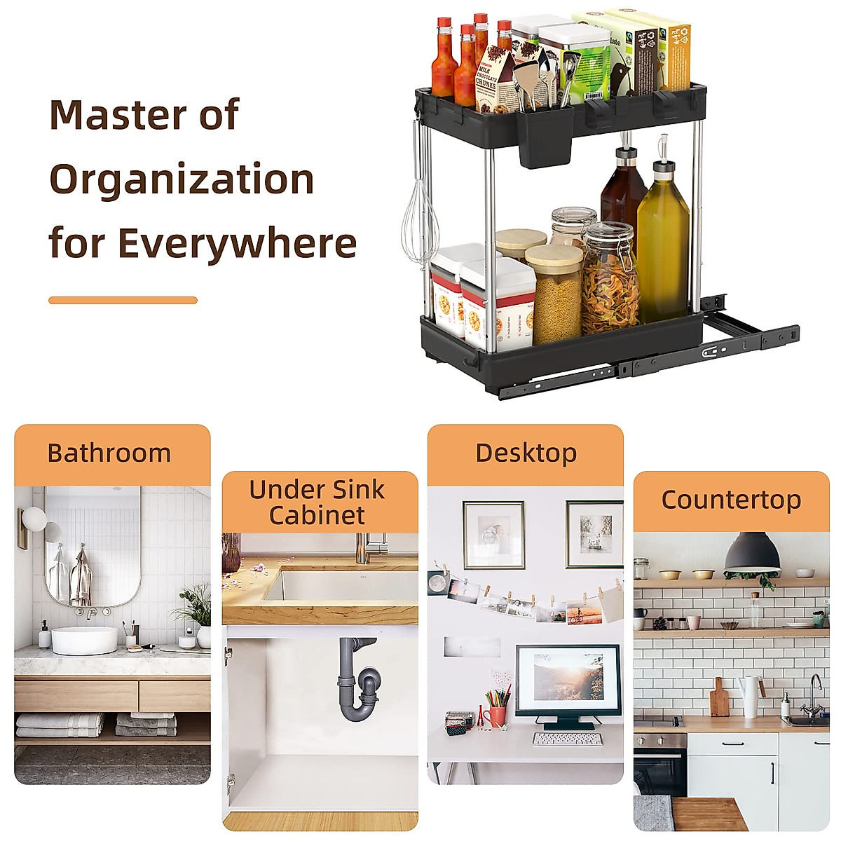 Pluspace 2 Pack Under Sink Organizer and Storage Pull Out Cabinet Organizer Bathroom Sink Organizer with Sliding Drawer Adjustable Height Kitchen Cabinet Organizer Multi-purpose Storage Shelf Black