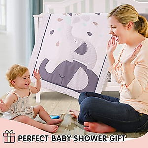 Honkaii Elephants Crib Bedding Sets for Boys 4 Pcs, Baby Girls Bedding Set Included Comforter, Fitted Sheet, Crib Skirt & Diaper Stacker for Nursery Standard Size Neutral (Gray)