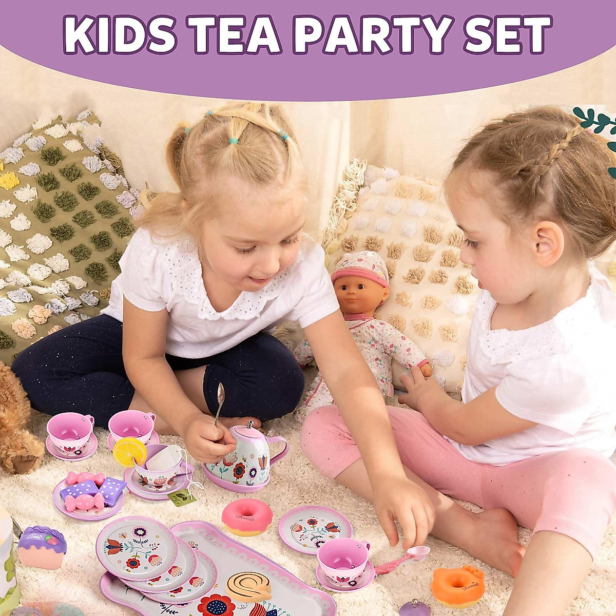 Lajeje 52-Piece Tea Party Set for Little Girls, Pretend Kitchen Toy for Kids 3 4 5 6 Year Old, Girls Toys with Tin Tea Set, Desserts & Metal Carrying Case, Birthday,Stocking stuffers for kids