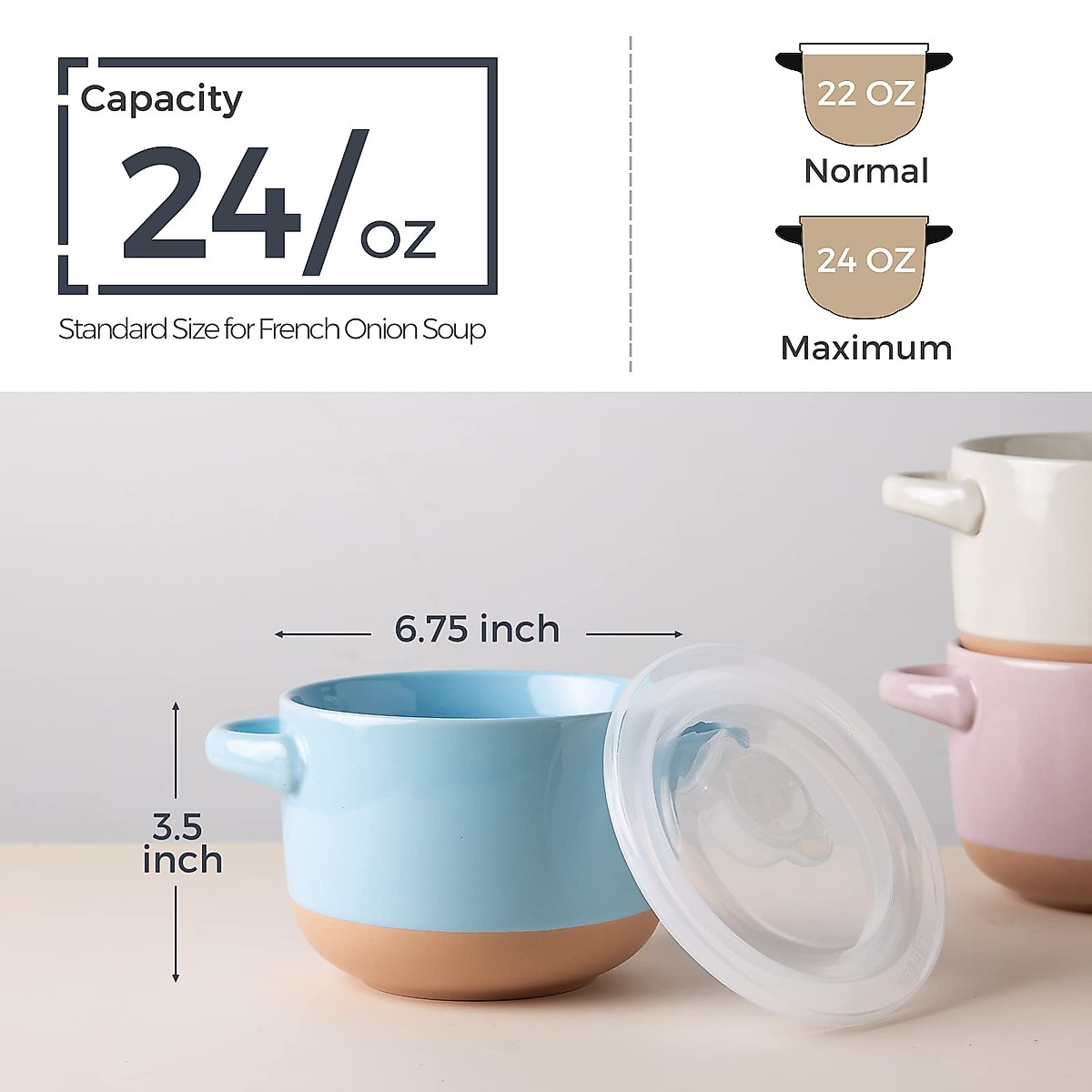 AmorArc 24 Ounces Soup Bowls with Large Handles and Lids, Stoneware Bowls Set of 4 for Soup, Cereal, Stew, Noodle, Colourful Ceramic Kitchen Bowls, Microwave&Dishwasher Safe, Multicolor