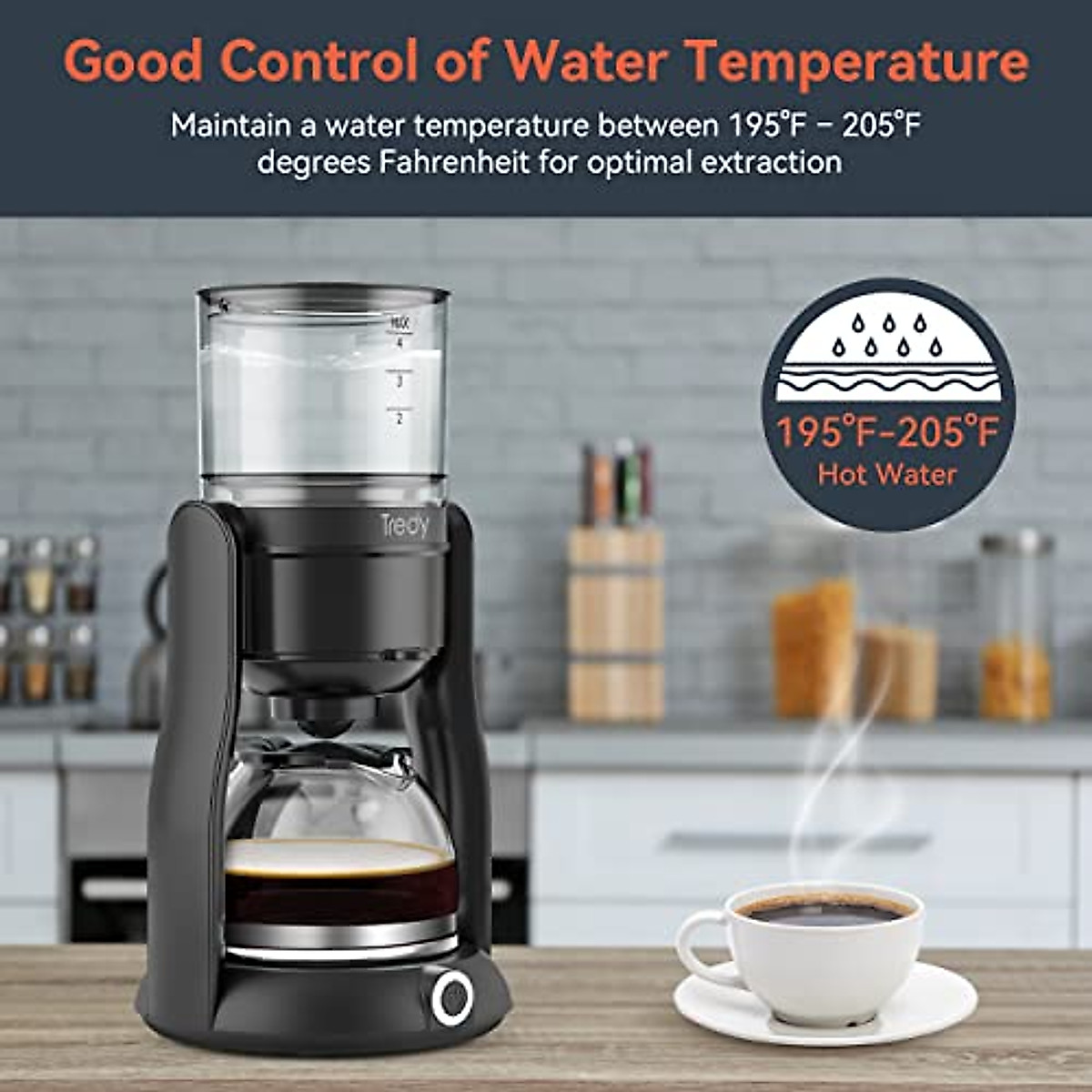 Tredy 2-Cup Coffee Maker, One Touch Automatic Drip Coffee Machine with Removable Water Reservoir, Glass Carafe, Automatic Shut Off & Warm Plate for Home Office(480ML/16OZ)