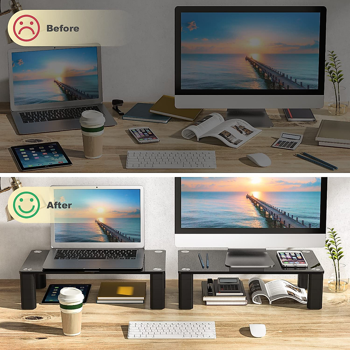 5Rcom Dual Computer Monitor Stand Riser, 2 Pack Height Adjustable Monitor Stand with Tempered Glass, Stackable Desktop Monitor Risers for 2 Monitors, PC, Under Monitor Desk Organizer, Black