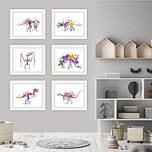 Dignovel Studios Unframed (Set of 6) 8X10 T Rex Stegosaurus Triceratops Pterodactylus Parasaurolophus Spinosaurus Watercolor Dinosaur Skeleton Nursery Decor dnc2