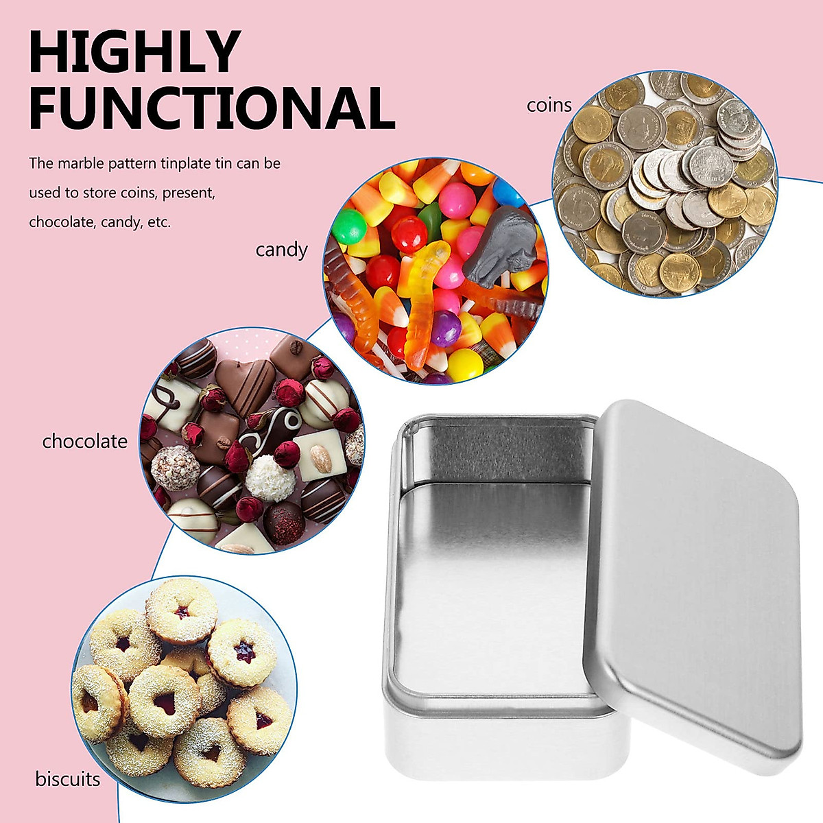 DOITOOL Metal Box 4Pcs Tins Containers, Metal Rectangular Empty Hinged Tins Box, Portable Storage Box with Lid, Small Box Set for Home Organizer(4.32x2.55x1.38Inch, Silver) Jar