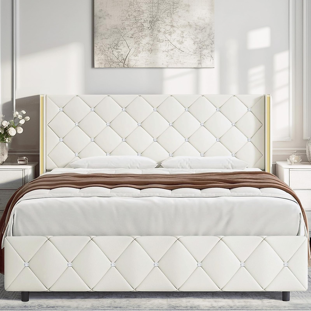 HOMBCK Queen Size Bed Frame with Diamond Headboard, White Upholstered Platform Queen Bed Frame Faux Leather with Gold Wingback, Strong Wood Slat Support, Easy Assembly, White