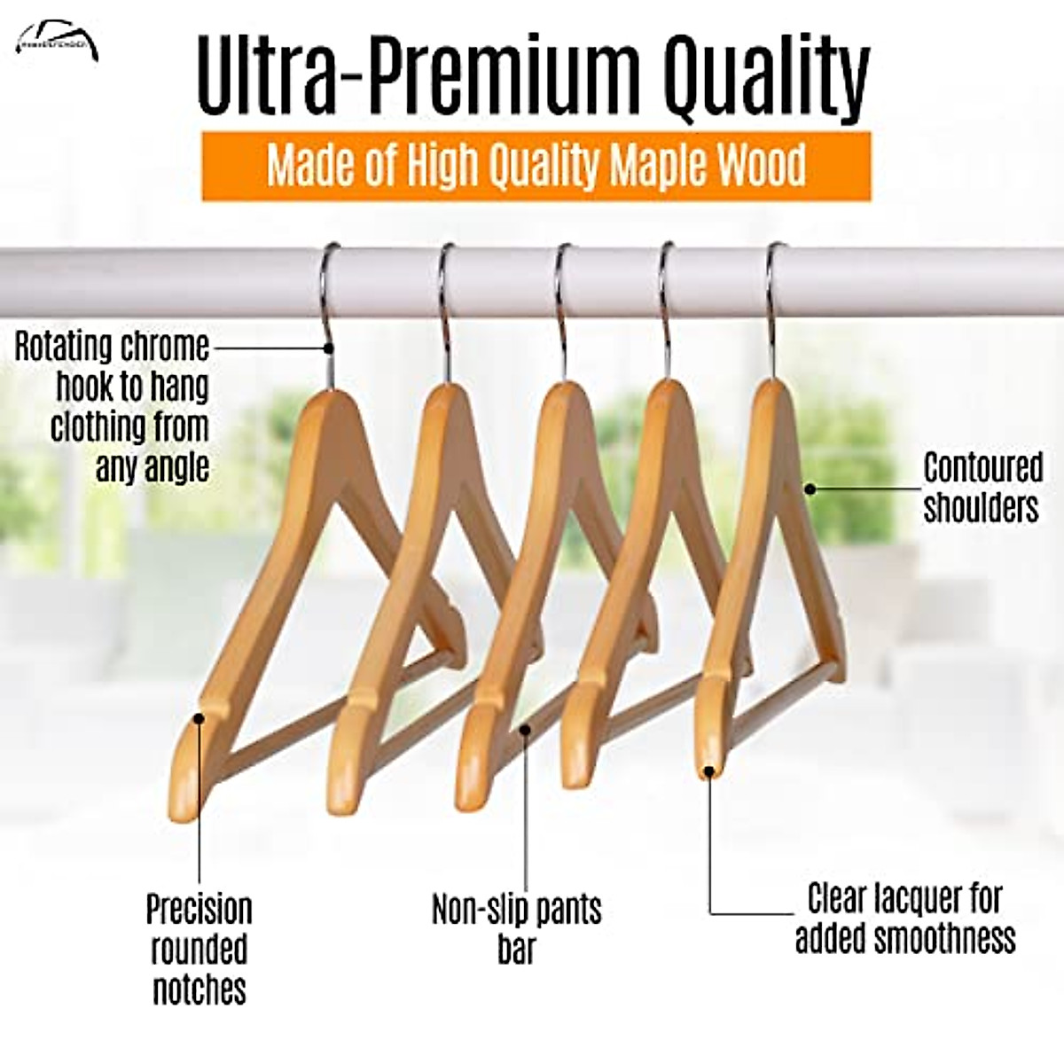 Wooden Hangers 20 Pack- Extras Included- 5 Shoulder Shapers - 2 Bag or Scarf Hangers- 3 Hanger Options in 1 Box- Non-Slip Pants Bar, Rotating Hook, Rounded Notches- Great Suit Hangers- 27 Total Pieces