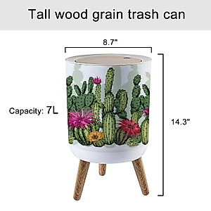 KCDCYCZEAL Botanical Trash Can with Lid Tropical Succulent Green Succulents Cactus Plants Flowers White Round Recycle Bin Press Top Dog Proof Wastebasket for Bedroom Nursery Kids Room 7L/1.8 Gallon