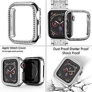 Mosonio Compatible with Apple Watch Band 44mm with Case Women, Jewelry Replacement Metal Wristband Strap with 2 Pack Bling PC Protective Cover for iWatch Series 6/5/4(Silver)
