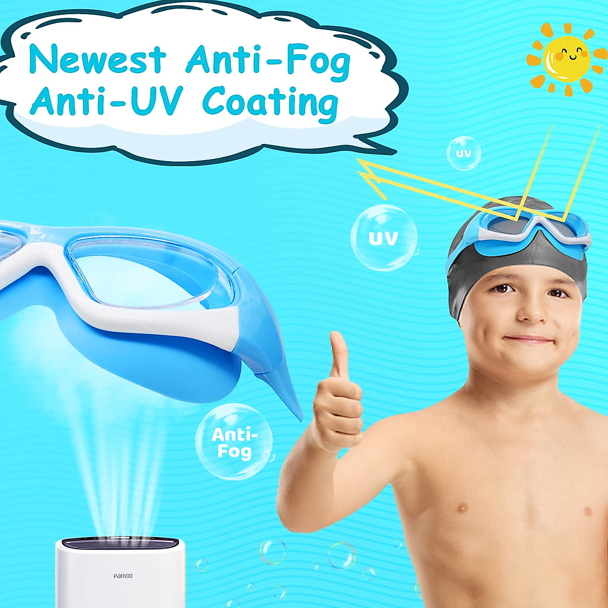 Vvinca Kids Swim Goggles, Wide View Anti-Fog Quick Adjustable Strap Swim Mask with Ear Clip Nose Clip for Child Swimming Lesson, No Leaking Water Pool Glasses for Toddlers Girls Boys Age 3-12 (Blue)