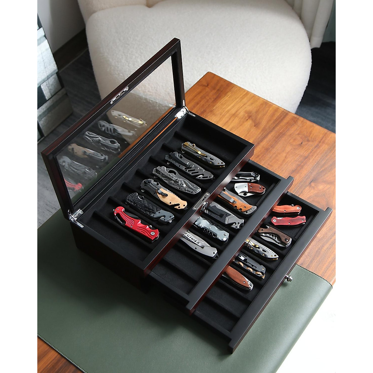 Bonaking Knife Display Case, 22-26 Slot Storage Box, Ebony Veneer, 3-Tier, Lockable, Showcase & Organizer for Pocket Knives, Men Gift, 15.9x7.8x4.5 inches