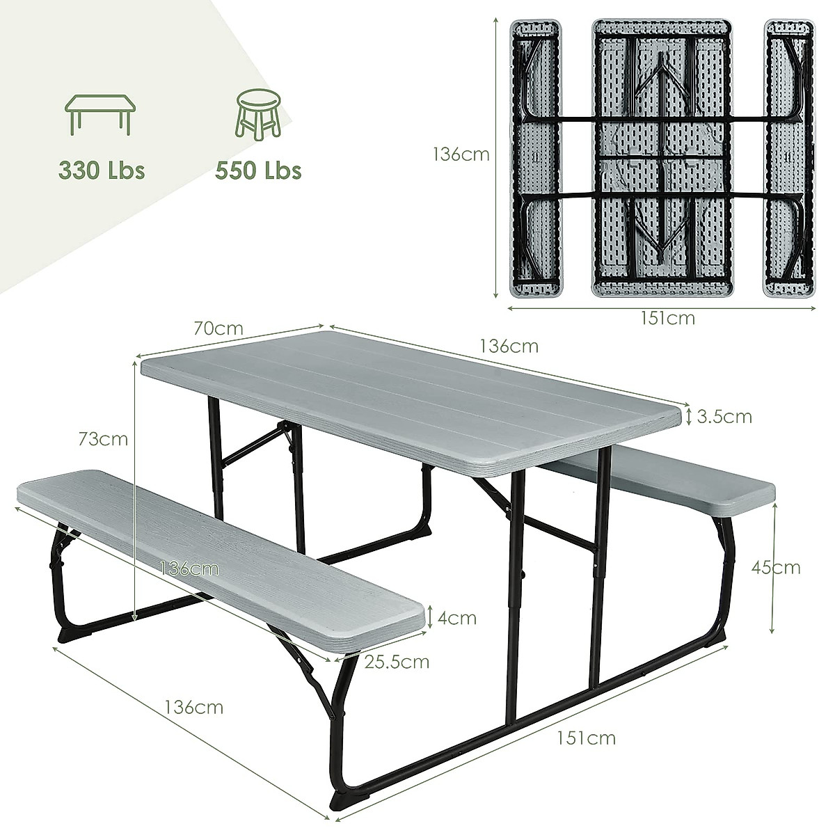 S AFSTAR Folding Picnic Table Bench Set, Foldable Picnic Table with 2 Benches, Outdoor Table and Bench W/Steel Frame & Wood-Like Texture Tabletop, Camping Table Chair Set for Garden Patio Lawn (Black)