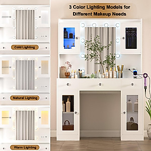 Jaojcoe Makeup Vanity Desk with RGB Lights, Vanity Table with Glass Tabletop & 3 Light Settings & Charging Station, 59inch Large Makeup Vanity for Bedroom