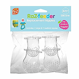RaZbaby Feeder Pacifier Replacement Nipples (2 Large & 2 Medium) for Fruits & Vegetables, Infant Soothing Teether Toy 6M+, Food-Grade Silicone Pouch/Nipple, Dishwasher Safe, BPA Free, Freezable 4 Pack