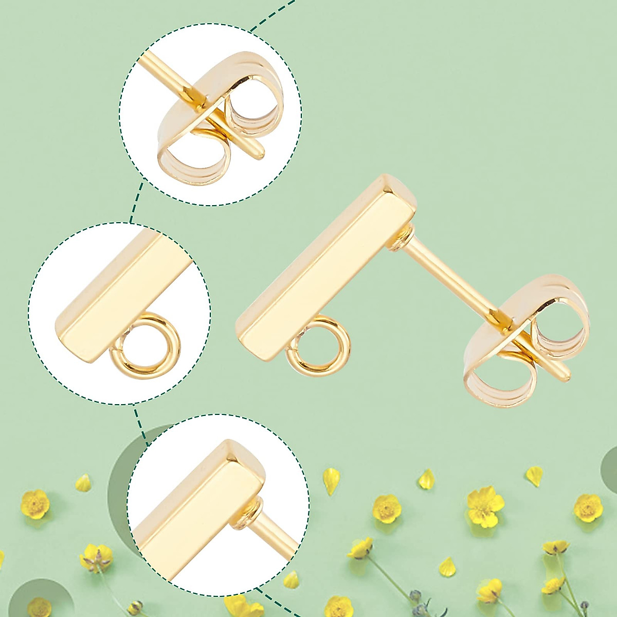 UNICRAFTALE 50pcs Rectangle Stud Earring Settings Stainless Steel Ear Stud with Loop and Ear Nuts 0.8mm Pin Earring Finding for DIY Jewelry Making