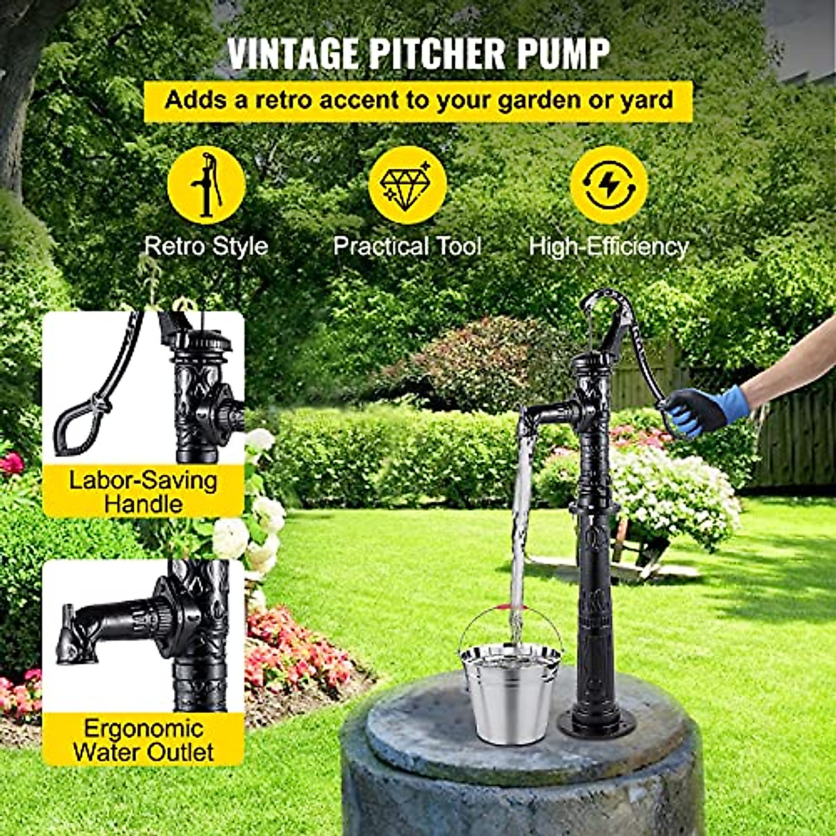 VEVOR Hand Water Pump Cast Iron, Vintage Pitcher Pump & Pump Stand 26‘’ Height, Max 20ft Pump Depth, Easy Installation, Heavy-duty Well Pump, Antique Pitcher Water Pump for Yard, Garden, Farm, Black