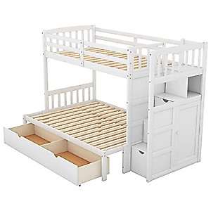 OPTOUGH Twin-Over-Full Bunk Bed with Drawers,Storage and Slide Convertible Bottom BedFrame, White
