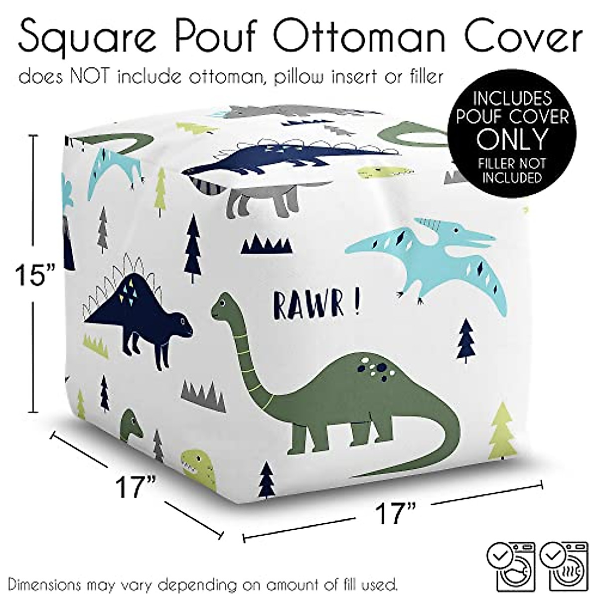 Sweet Jojo Designs Blue Green Modern Dinosaur Boy Ottoman Pouf Cover Unstuffed Poof Floor Footstool Square Cube Pouffe Storage Baby Nursery Kids Room Turquoise Navy Mod Dino Boho Bohemian Grey White