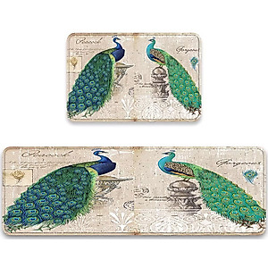 Peacock Kitchen Rug Set 2 Pieces Peacocks Classical Beautiful Vintage Painted Feathers Rug Comfort Mat Cushioned Floor Mats Washable Doormat Anti Fatigue Non-Slip Chef Runner Rugs Bedroom Area Carpet