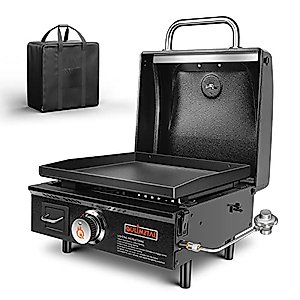 QuliMetal Table Top Grill Portable Griddle with Hood Non-Stick Flat Top Grill Griddle Propane Grill with Carry Bag 17 Inch,15,000 BTU,268 Sq,304 Stainless Steel Burner,Ceramic Coating for Outdoor Camping Party Tailgating
