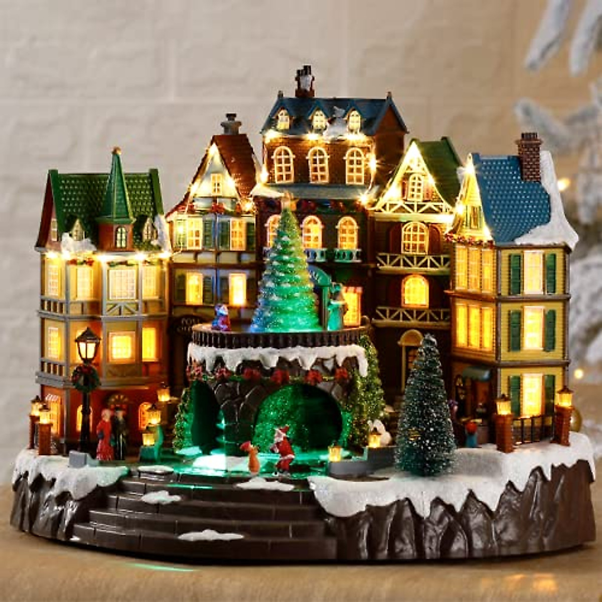 YQQY Christmas Village House, 12.4" H Large Size, Colourful LED Lights with Christmas Music, Rotating Christmas Trees and Roller Skaters, Christmas Decoration for Home (Yellow)