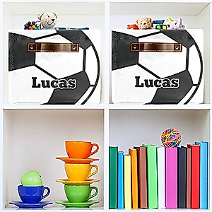 Soccer Ball Personalized Storage Basket ,Custom Storage Bins Cubes Organizer with Handle for Bedroom Wardrobe,Nursery,Basket 2 Pack