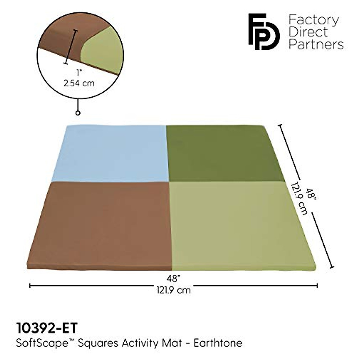 Factory Direct Partners 10392-ET SoftScape Squares Activity Mat for Infants and Toddlers, Tummy Time for Babies, Soft Foam Colorful Play - Earthtone, 48"L x 48"W x 1"H