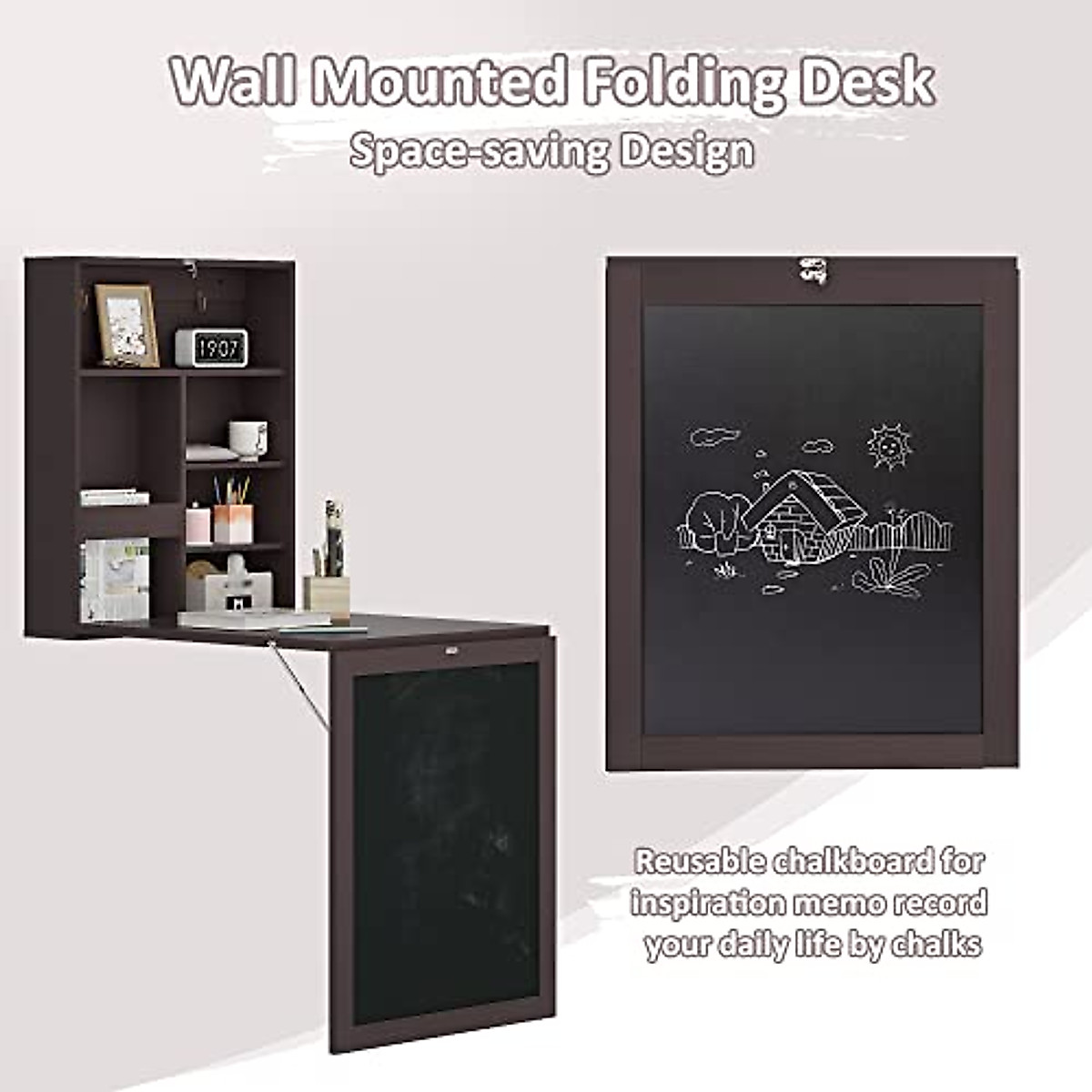 JAXPETY Wall Mounted Space-Saving Desk, Fold Out Computer Laptop Desk with Storage Bookcase & Chalkboard, Convertible Writing Desk for Home Office, Brown