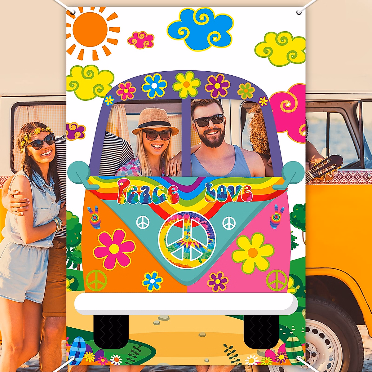 60's Hippie Bus Photo Prop 60s Party Decorations Large Fabric Retro Groovy Van Prop Hippie Selfie Frame Backdrop Background Banner Birthday Party Supplies Retro 60s 70s Party Favors 59 x 39.4 Inch