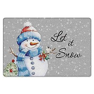 Grey Snowman Antifatigue Kitchen Bath Door Mat Cushioned Runner Rug,Washable Welcome Floor Sink Mat,Waterproof Non-Slip Comfort Standing Doormat,Christmas Winter Snowflake Bird Berry 18"x30"