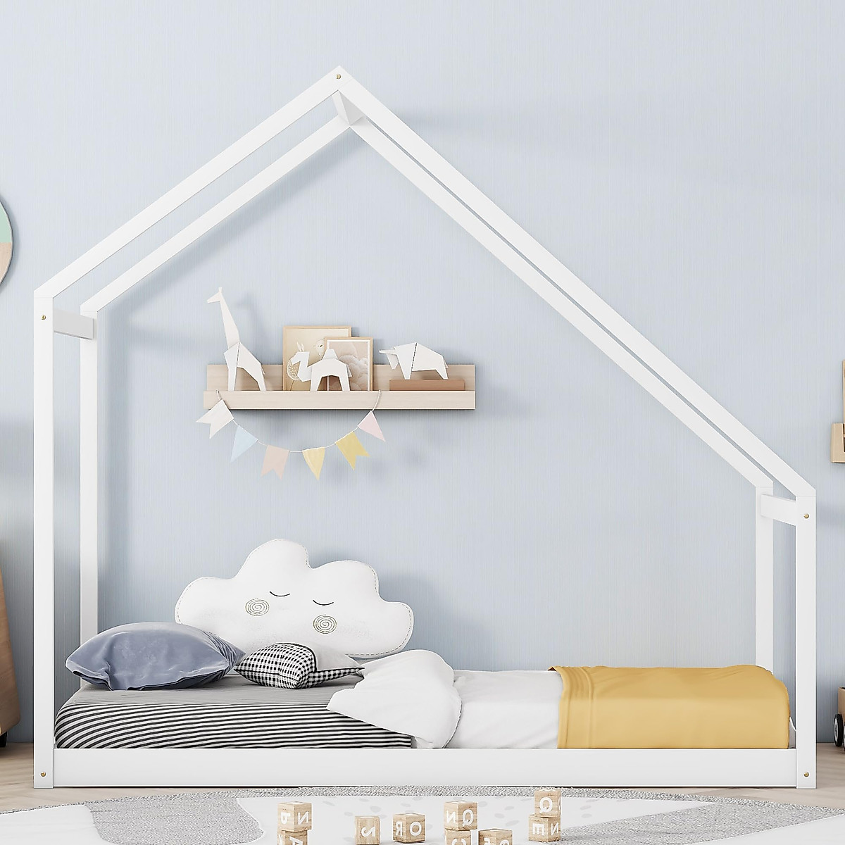 Merax Twin Bed Frames with Roof for Kids Girls Boys, Montessori Wooden House Shaped, Sturdy Framework, Easy Assembly, No Noise