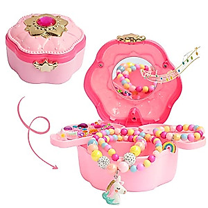 Zubumdy Kids Musical Jewelry Box With Light Unicorn Jewelry Set, Toddlers Jewelry Gift Set Girls Pretend Play Princess Dress Up Necklace Bracelet Ring Dreamy Pink