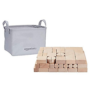 Amazon Basics Solid Wood Standard Unit Building Blocks with Carry Bag - Set of 70, Natural