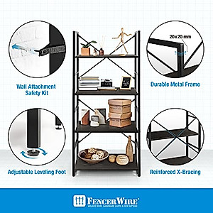 Fencer Wire 4 Tier Free Standing Shelf, 24 Inch Width Bookshelf, Bookcase Shelf Storage Organizer, Industrial Book Shelves for Home Office, Living Room, Kitchen, Black Wooden Shelves & Metal Frame