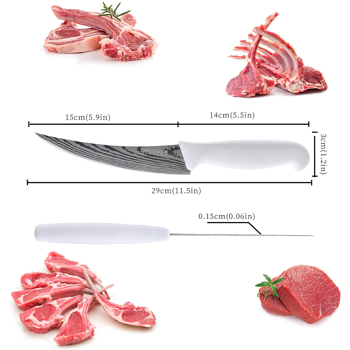 Boning Knife, Little Cook 6-inch Fillet knife, Stainless Steel Blade deboning Knife, Great for Meat Cutting, Fish, Poultry, Chicken (Dishwasher Safe, White)