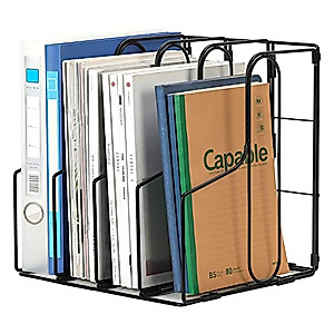 EasyPAG Desk Organizers Metal Desktop Magazine File Holder with 4 Vertical Compartments Rack File Organizer for Office Workspace,Black