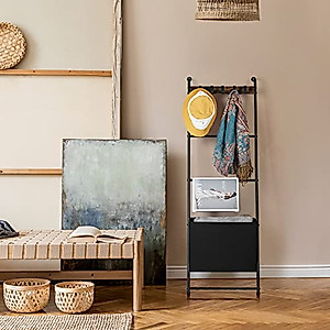 Metal Blanket Ladder Towel Rack Bathroom Towel Holder Wall Leaning Blanket Ladder with Storage Bin Decorative Ladder Rack for Pool Drying Bar for Towels Quilt Storage Organizer with Hooks, Black