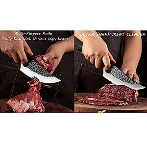 NWESTUN Viking Knife Hand Forged Boning Knife with Sheath & Pocket Knife Sharpener High Carbon Steel Meat Caveman Knife Multipurpose Chef Knives for Camping, Outdoor, Deboning, BBQ