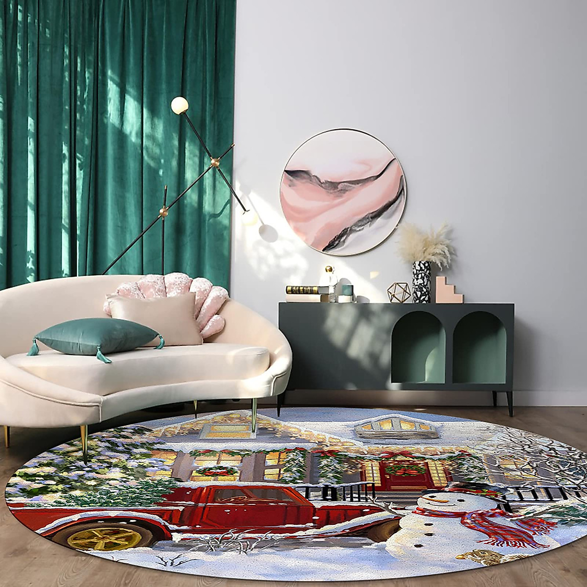 Christmas Snowman Round Area Rugs 5 ft Diameter Indoor Mats Farmhouse Happy New Year Red Truck Snowflake Xmas Tree Soft Living Room Bedroom Unique Carpet Woman Yoga Mat Home Decor